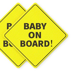 assured signs baby on board sticker sign - essential for cars - 2 pack, 5" by 5" - bright yellow and see-through when reversing - best safety signs - non-magnetic sticker - durable and strong adhesive