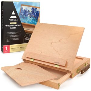 arteza tabletop easel, 13.4 x 10.3 x 2 inches, portable beechwood easel box with single, open-compartment drawer and wooden palette, art supplies storage for professional artists, multicolor