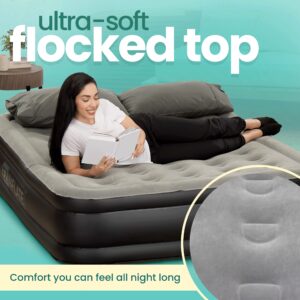 EZ INFLATE Air Mattress with Built in Pump - Queen Size Double-High Inflatable Mattress with Flocked Top - Easy Inflate, Water