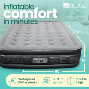 EZ INFLATE Air Mattress with Built in Pump - Queen Size Double-High Inflatable Mattress with Flocked Top - Easy Inflate, Water