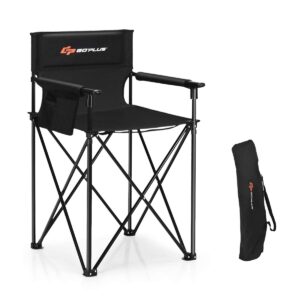 goplus folding camping chair, outdoor portable beach chair heightened design w/detachable armrests, storage pouches & carrying bag for fishing, picnic, lawn (black, 250lbs weight capacity)