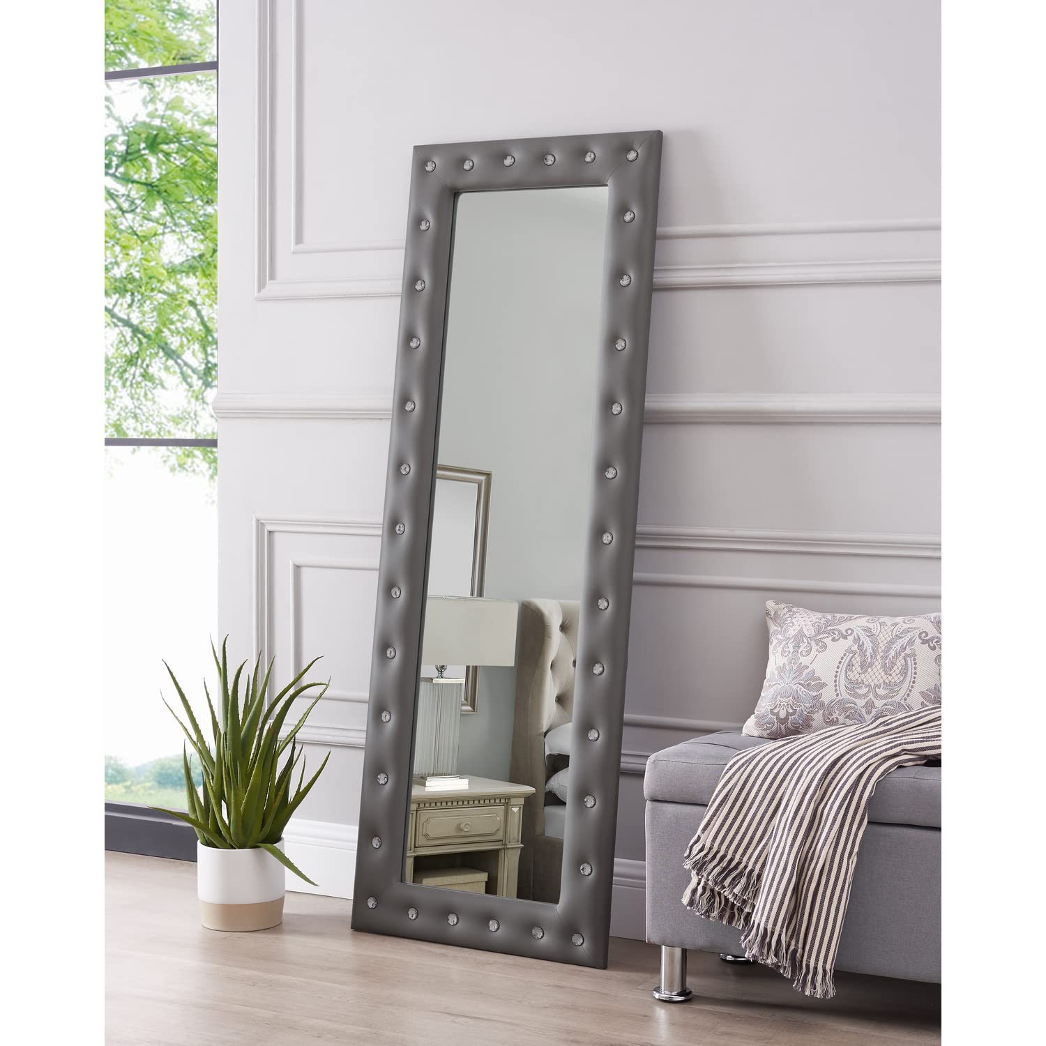 Crystal Tufted Floor Mirror Full Length, 63"LX22"W Wall Mirror Full Length, Standing Mirror Full Length, Full Length Wall Mirror With Faux Wood Frame, Full Length Mirrors for Bedroom - Gray