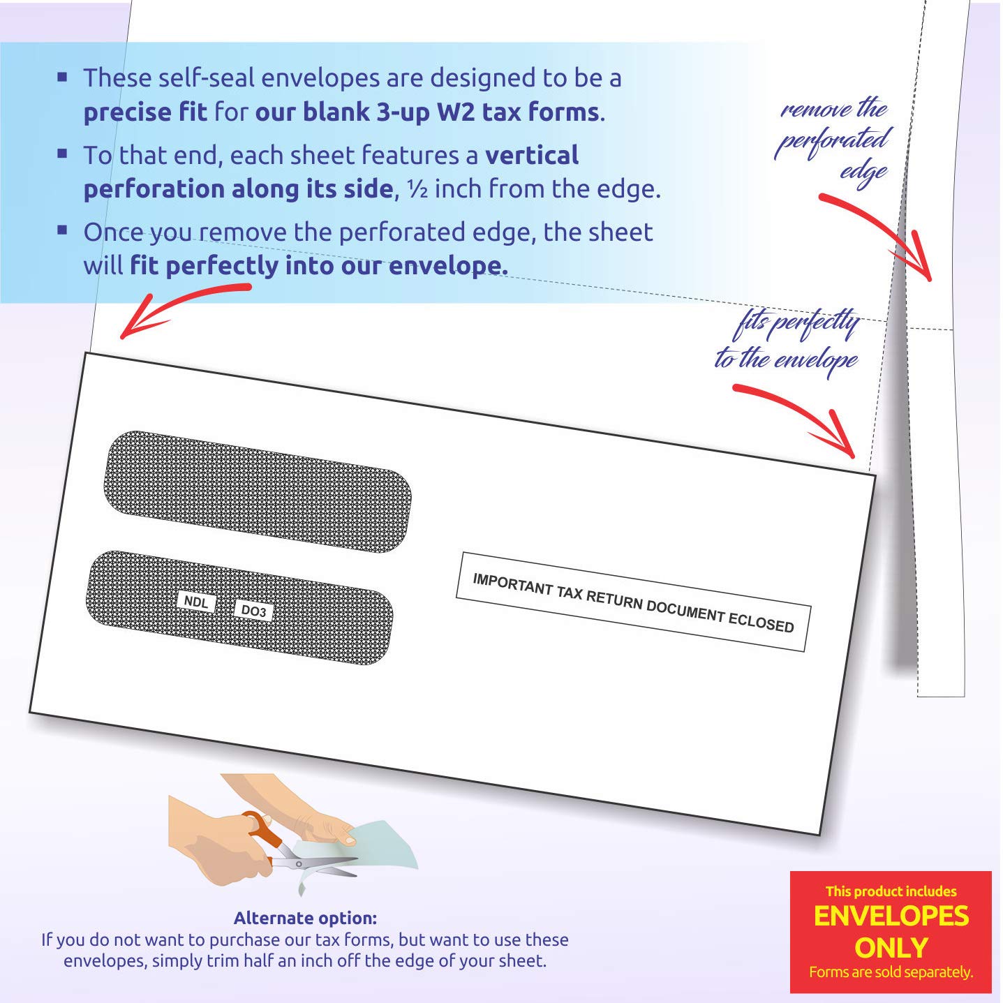 NextDayLabels - 100 Self Seal Envelopes, Designed to fit 2023 3-up Laser W-2 Forms, Horizontal Format