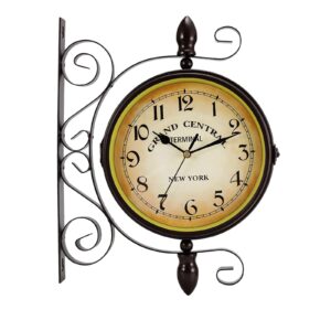 dyna-living double sided wall clock 8-inch vintage wall clock wall-mounted 360-degree rotation retro train station clock wrought iron double sided clock for indoor patio garden home use