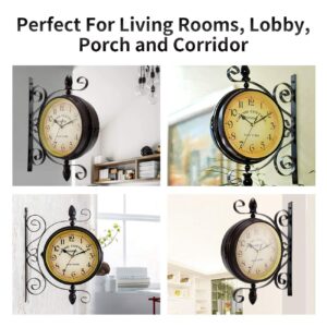 Dyna-Living Double Sided Wall Clock 8-inch Vintage Wall Clock Wall-Mounted 360-degree Rotation Retro Train Station Clock Wrought Iron Double Sided Clock for Indoor Patio Garden Home Use