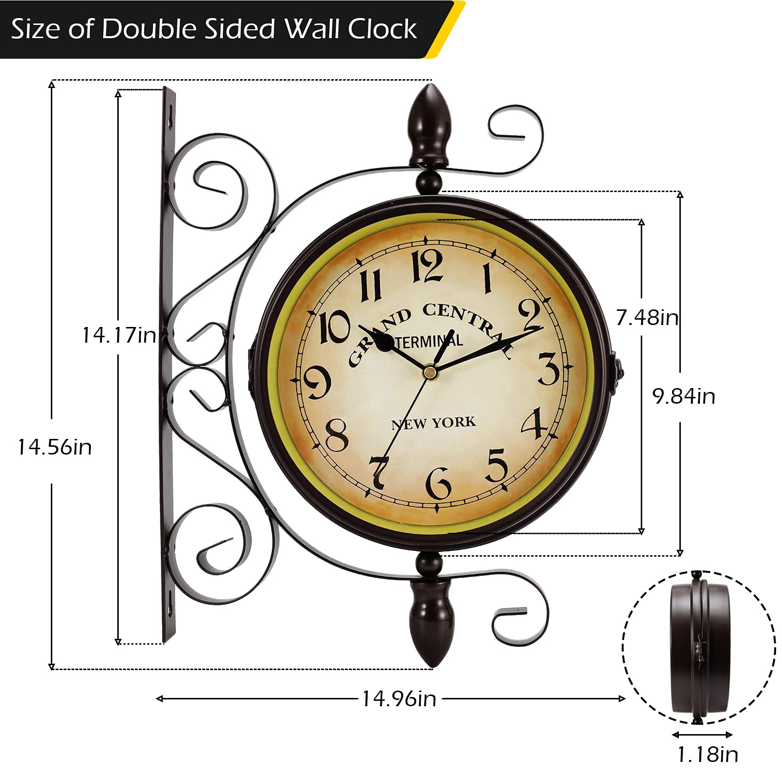 Dyna-Living Double Sided Wall Clock 8-inch Vintage Wall Clock Wall-Mounted 360-degree Rotation Retro Train Station Clock Wrought Iron Double Sided Clock for Indoor Patio Garden Home Use