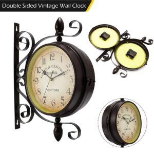 Dyna-Living Double Sided Wall Clock 8-inch Vintage Wall Clock Wall-Mounted 360-degree Rotation Retro Train Station Clock Wrought Iron Double Sided Clock for Indoor Patio Garden Home Use