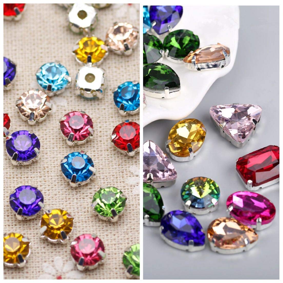 Sew On Rhinestones, Choupee 130PCS Sew On Glass Rhinestone Metal Back Prong Setting Sewing Claw Rhinestone Mixed Shapes for Costume, Clothes, Garments, Dress, Earring, Belt and Shoes