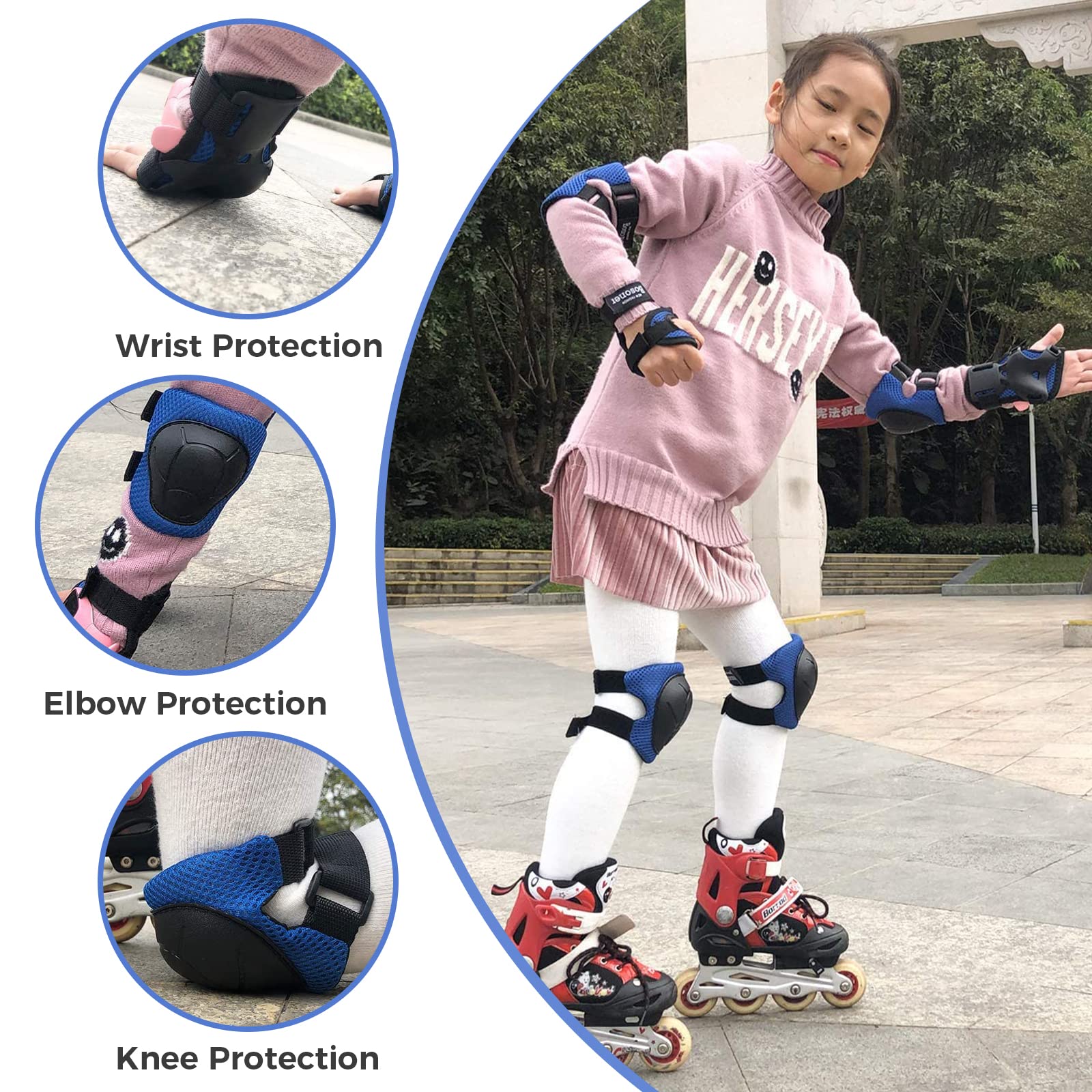 BOSONER Roller and Skating Pads for Kids: Knee Pads and Elbow Pads for Kids/Youth 3-15 - Girls/Boys Protection Gear