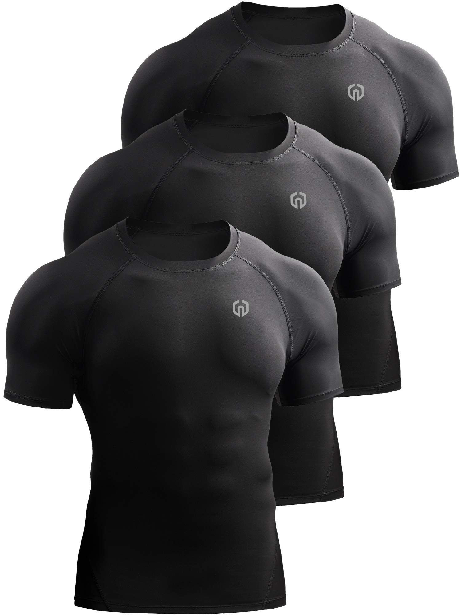 NELEUS Men's 3 Pack Compression Baselayer Athletic Workout T Shirts,5022,Black,Black,Black,US L,EU XL