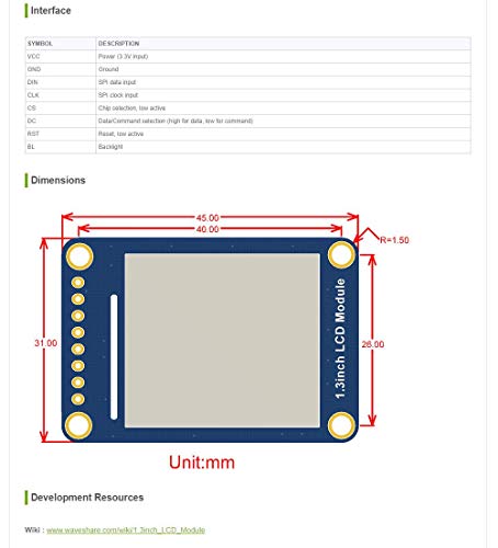 1.3 Inch LCD Module IPS Screen for Raspberry Pi 4B+ 4B 3B+ 3B 2B+ Zero W WH 2 W Ardui STM32 ST7789 Driver 240x240 Resolution SPI Interface Display RGB 65K Color Display 3.3V/5V