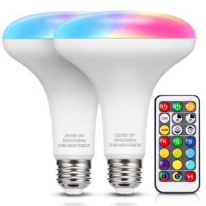 jandcase br30 color changing light bulb, rgb+warm+cool white led flood lights, 12w(100w equivalent), 1050lm, remote control, dimmable multi-color can light bulbs for ceiling, e26 base, 2 pack