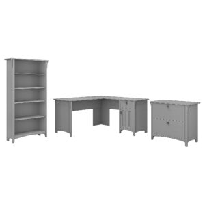 bush furniture salinas 60w l shaped desk with lateral file cabinet and 5 shelf bookcase in cape cod gray