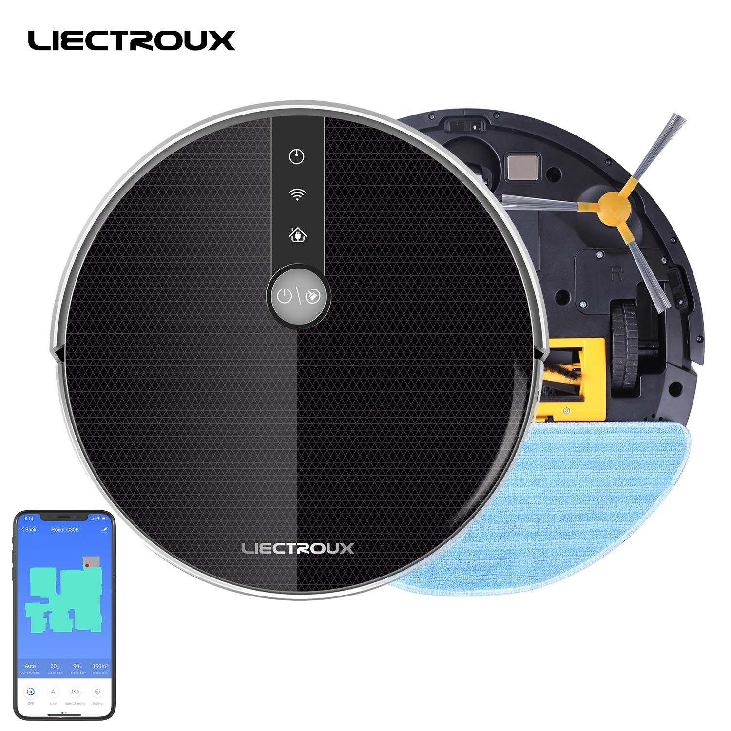 Liectroux C30B Robotic Vacuum Cleaner 2D Map Navigation, 3000Pa Suction, Smart Memory, Map Shown on WiFi App, 350ml Electric Water Tank, Wet Mopping