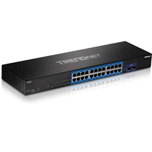 trendnet 24-port gigabit switch with 2 x 10g sfp+ slots, fanless design, 19” 1u rack mountable, teg-30262,black