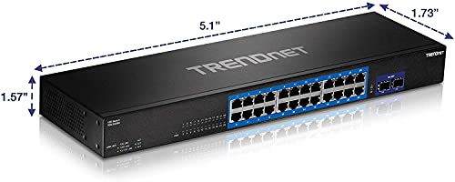 TRENDnet 24-Port Gigabit Switch with 2 X 10G SFP+ Slots, Fanless Design, 19” 1U Rack mountable, TEG-30262,Black