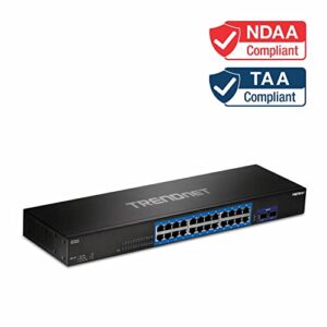 TRENDnet 24-Port Gigabit Switch with 2 X 10G SFP+ Slots, Fanless Design, 19” 1U Rack mountable, TEG-30262,Black