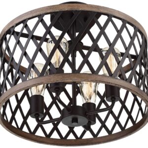 Franklin Iron Works Trey Farmhouse Rustic Close to Ceiling Light Semi Flush Mount Fixture 16" Wide 4-Light Bronze Woodgrain Drum Shade for Bedroom Hallway Living Room Dining Room Bathroom Kitchen