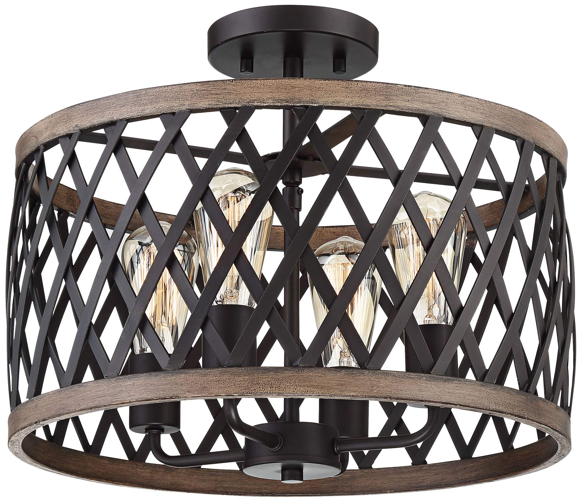 Franklin Iron Works Trey Farmhouse Rustic Close to Ceiling Light Semi Flush Mount Fixture 16" Wide 4-Light Bronze Woodgrain Drum Shade for Bedroom Hallway Living Room Dining Room Bathroom Kitchen