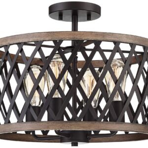 Franklin Iron Works Trey Farmhouse Rustic Close to Ceiling Light Semi Flush Mount Fixture 16" Wide 4-Light Bronze Woodgrain Drum Shade for Bedroom Hallway Living Room Dining Room Bathroom Kitchen