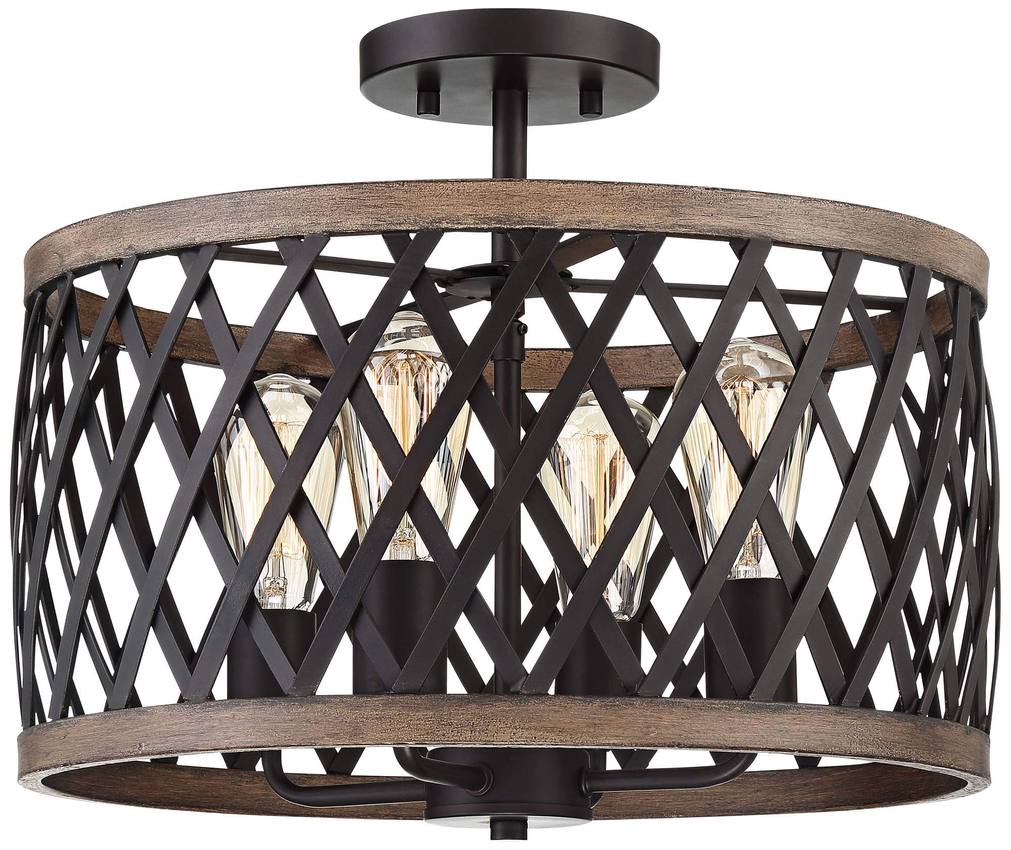 Franklin Iron Works Trey Farmhouse Rustic Close to Ceiling Light Semi Flush Mount Fixture 16" Wide 4-Light Bronze Woodgrain Drum Shade for Bedroom Hallway Living Room Dining Room Bathroom Kitchen