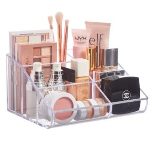 stori clear plastic vanity makeup organizer | 6-compartment holder for brushes, eyeshadow palettes, & beauty supplies | curved front design | made in usa