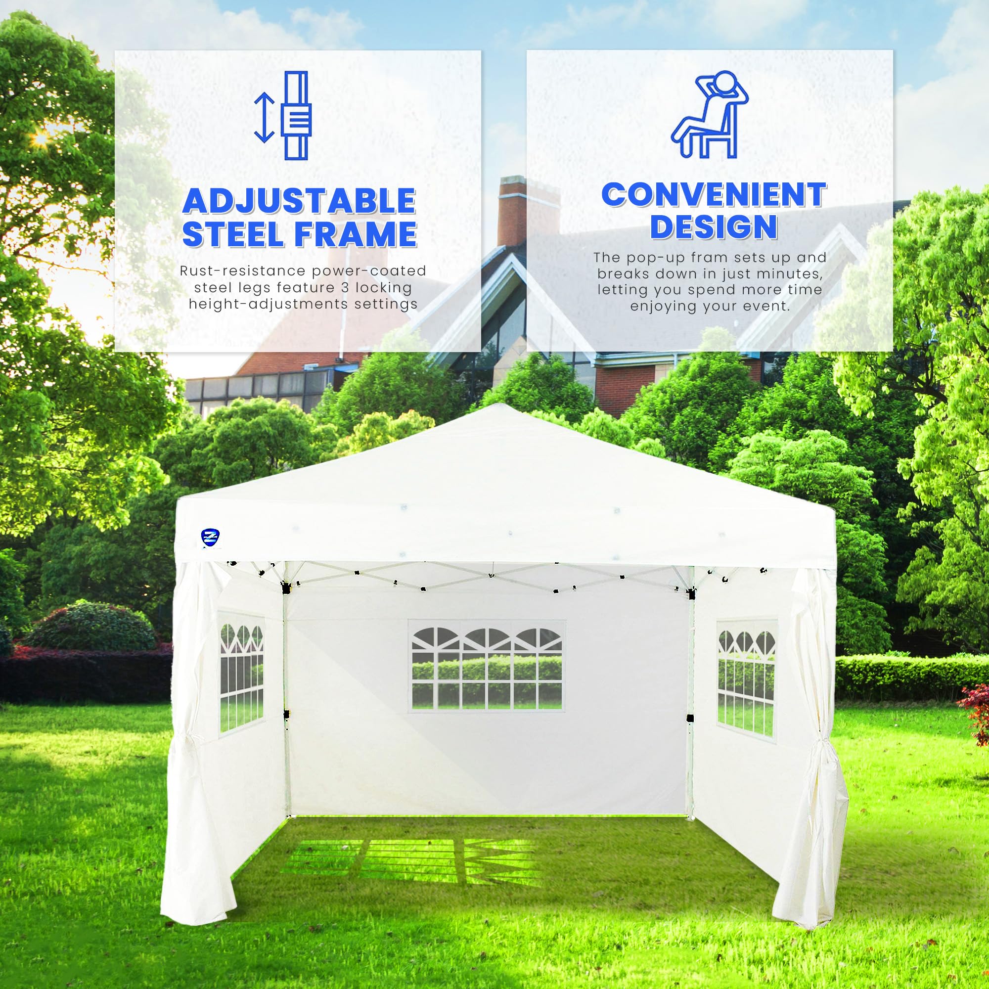 Z Shade Venture 12 x 10 Foot Lawn Garden Event Outdoor Pop Up Canopy Gazebo Portable Shelter Tent with Walls and Windows, White