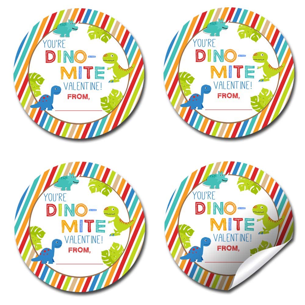 Dino-Mite Dinosaur Valentine Party Favor Sticker Labels for Boys, 40 2" Party Circle Stickers by AmandaCreation, Great for Classroom Valentines, Envelope Seals, Gifts & Treats