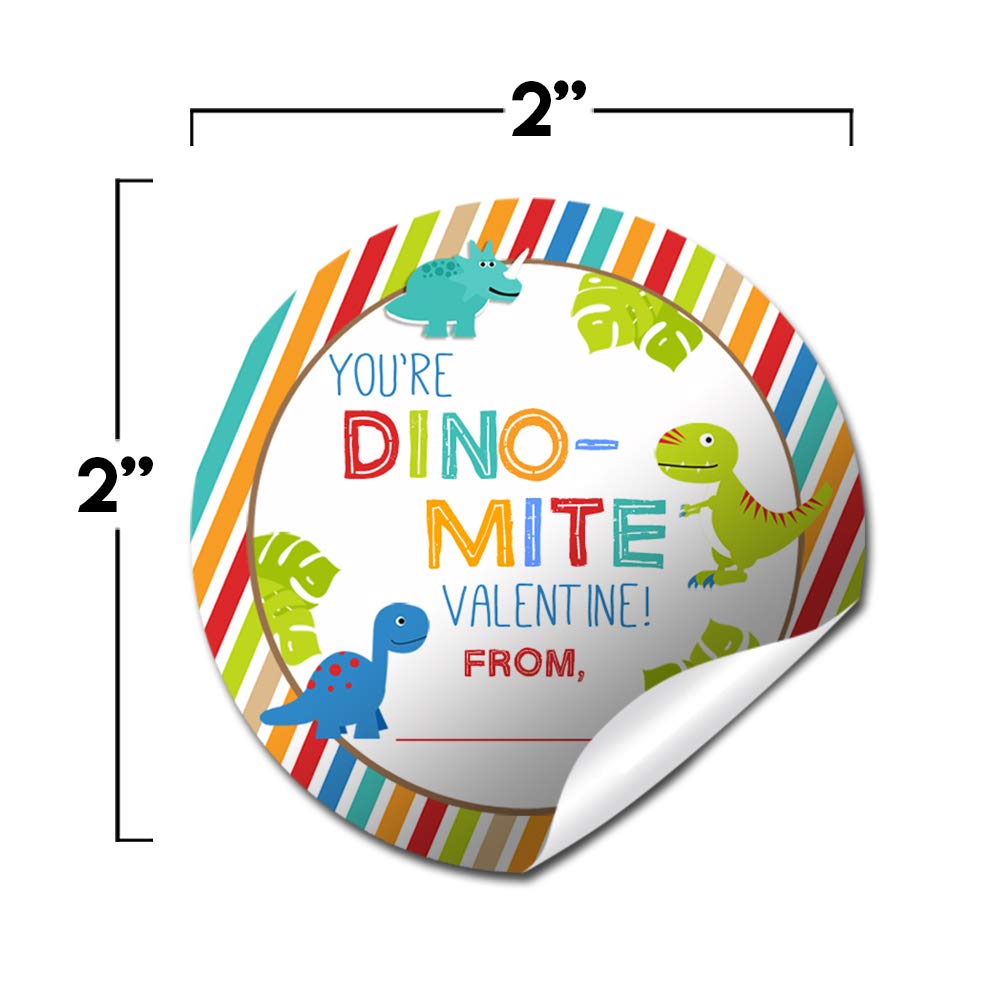 Dino-Mite Dinosaur Valentine Party Favor Sticker Labels for Boys, 40 2" Party Circle Stickers by AmandaCreation, Great for Classroom Valentines, Envelope Seals, Gifts & Treats