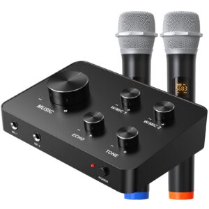 rybozen wireless microphone karaoke mixer system, dual handheld wireless microphone for karaoke, smart tv, pc, speaker, amplifier, church, wedding - support hdmi, aux in/out