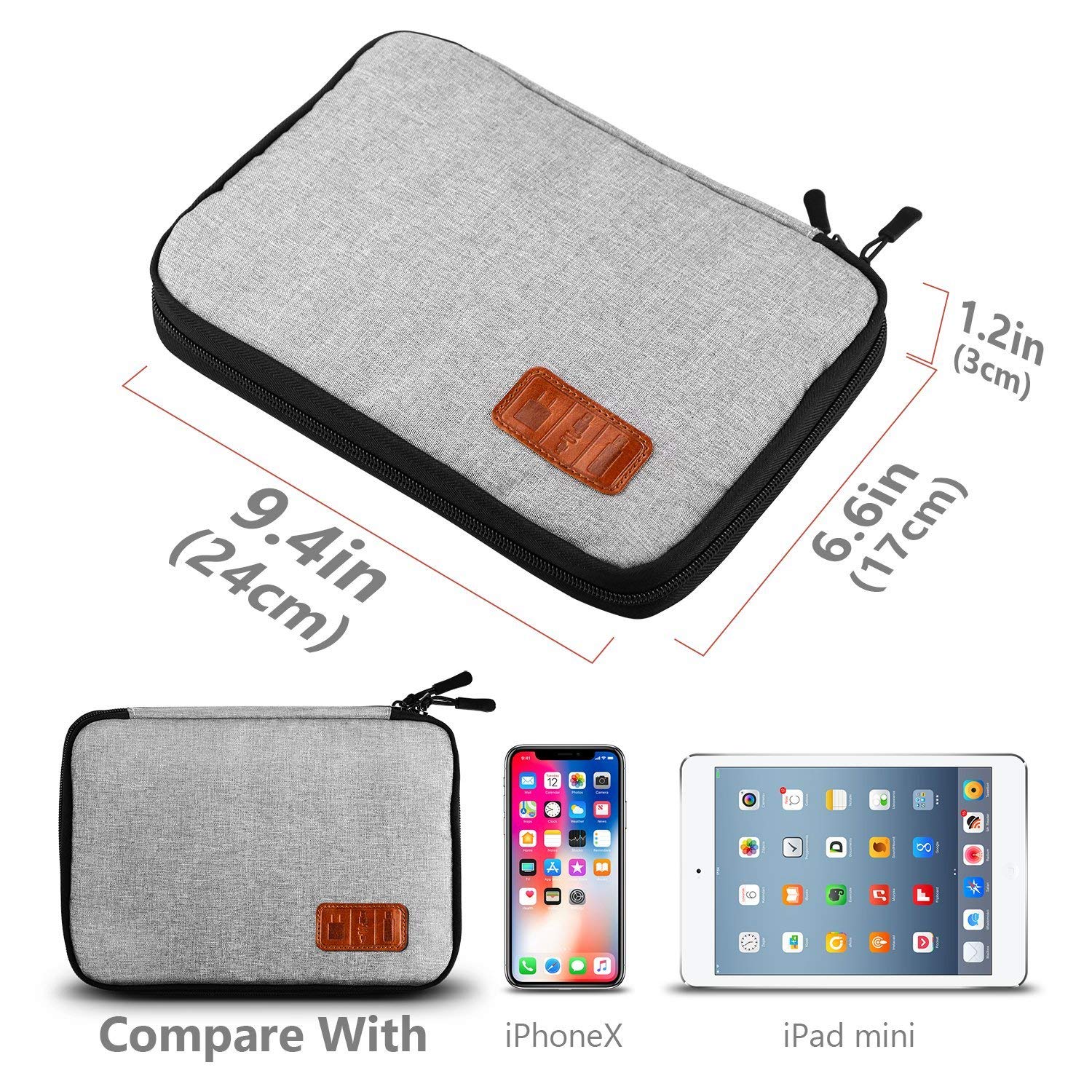 Travel Cable Organizer Bag Double Layer Waterproof Portable Electronic Accessories Organizer for USB Cable Cord Phone Charger Headset Wire SD Card with 10pcs Cable Ties(Grey)