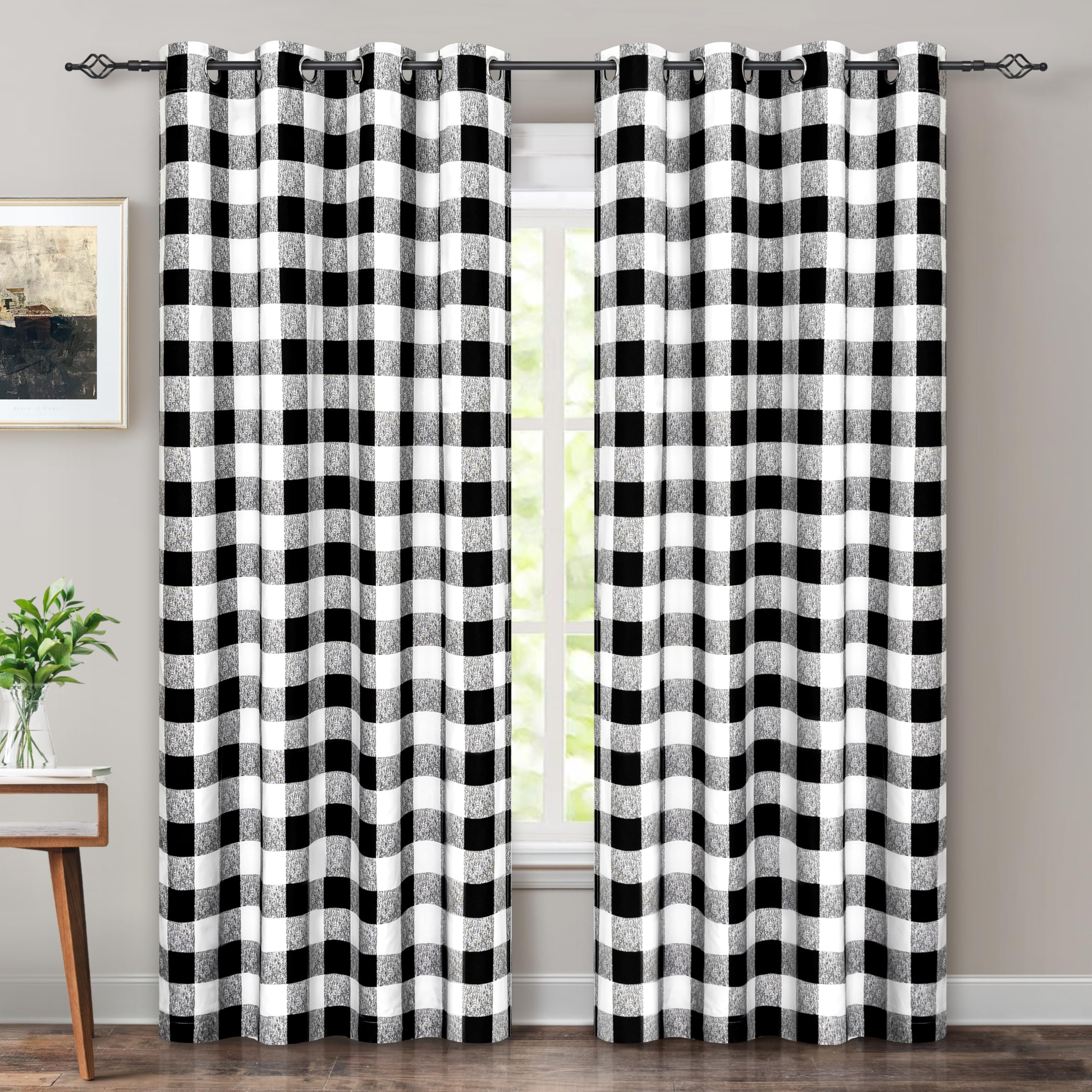 DriftAway Buffalo Plaid Check Curtains Blackout Room Darkening Thermal Insulated Black and White Buffalo Checkered Window Drapes for Farmhouse Bedroom Living Room Grommet Curtain 2 Panels 84 Inch Long