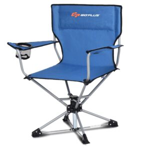 goplus swivel camping chair, potable lawn chair for adults w/cup holder & carrying bag, folding 360-degree free rotation chair for fishing picnic hiking hunting outdoor (blue)