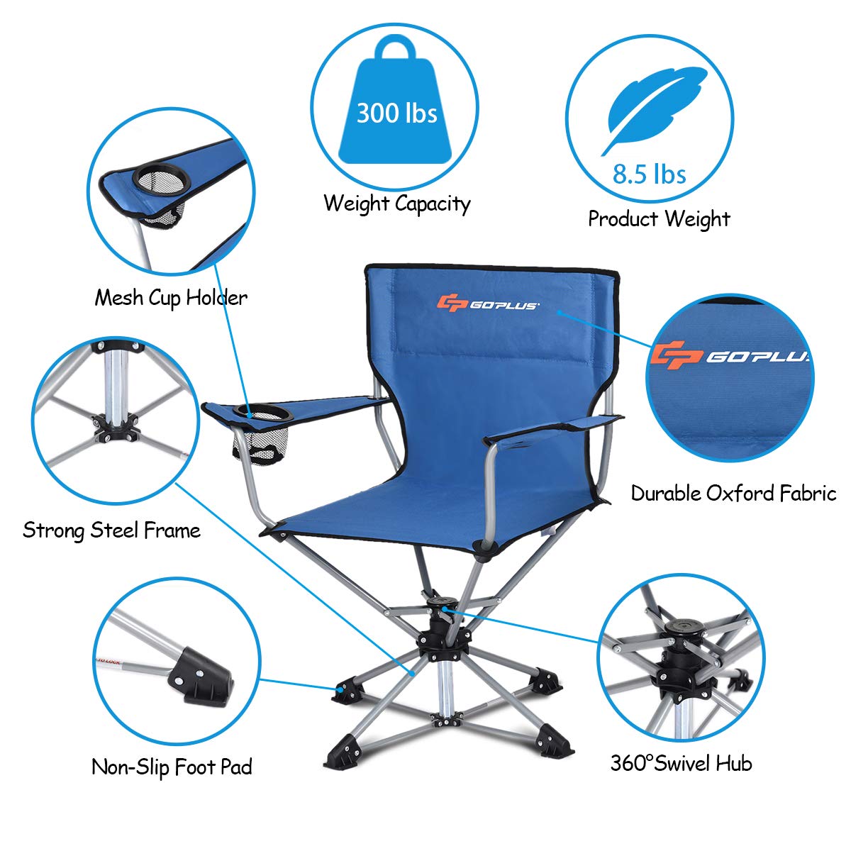 Goplus Swivel Camping Chair, Potable Lawn Chair for Adults w/Cup Holder & Carrying Bag, Folding 360-degree Free Rotation Chair for Fishing Picnic Hiking Hunting Outdoor (Blue)