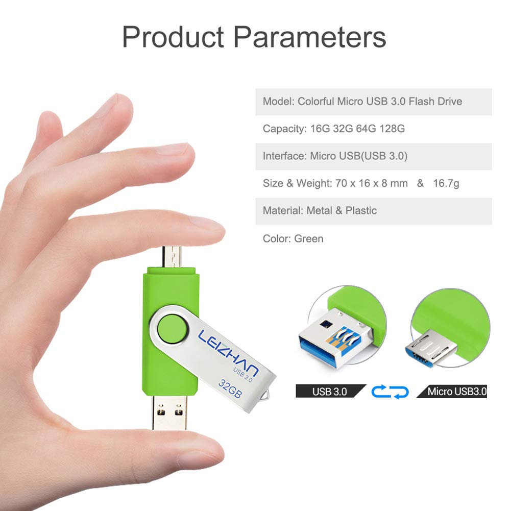 Micro USB Smartphone Picture Stick 128GB, Micro-USB 3.0 USB Flash Drive for Samsung Galaxy S7/S6/S5/S4/S3/Note5/4/3/2/Meizu/HTC/Nokia/Moto/Huawei/Xiaomi,Green