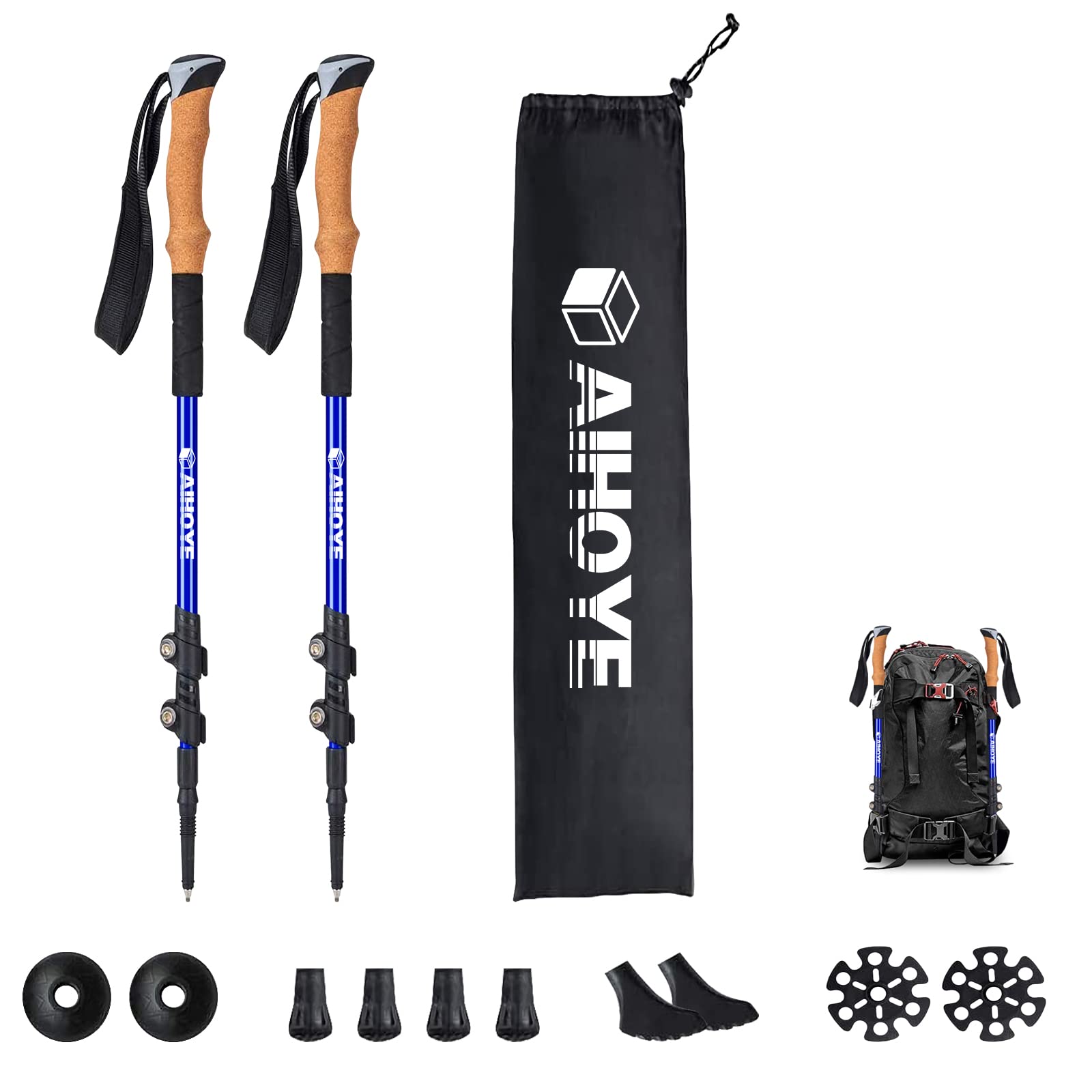 Aihoye Trekking Hiking Poles - 2 Pack Adjustable Hiking Walking Sticks Collapsible Lightweight - Strong Lightweight Aluminum7075, Quick Flip-Lock Hiking Sticks and Comfortable Cork Grips Blue