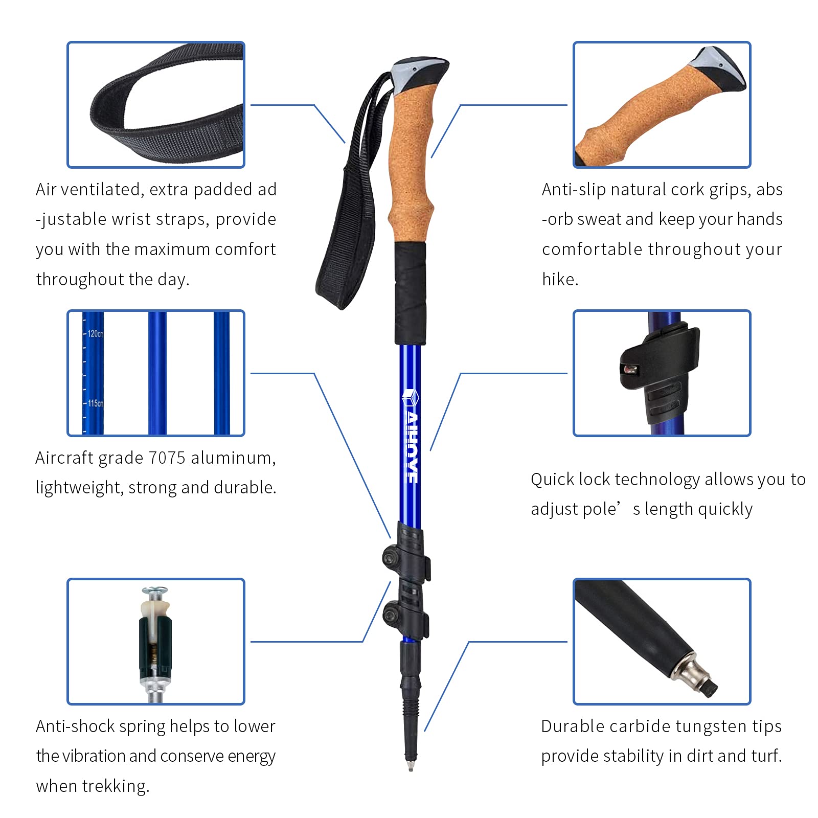 Aihoye Trekking Hiking Poles - 2 Pack Adjustable Hiking Walking Sticks Collapsible Lightweight - Strong Lightweight Aluminum7075, Quick Flip-Lock Hiking Sticks and Comfortable Cork Grips Blue