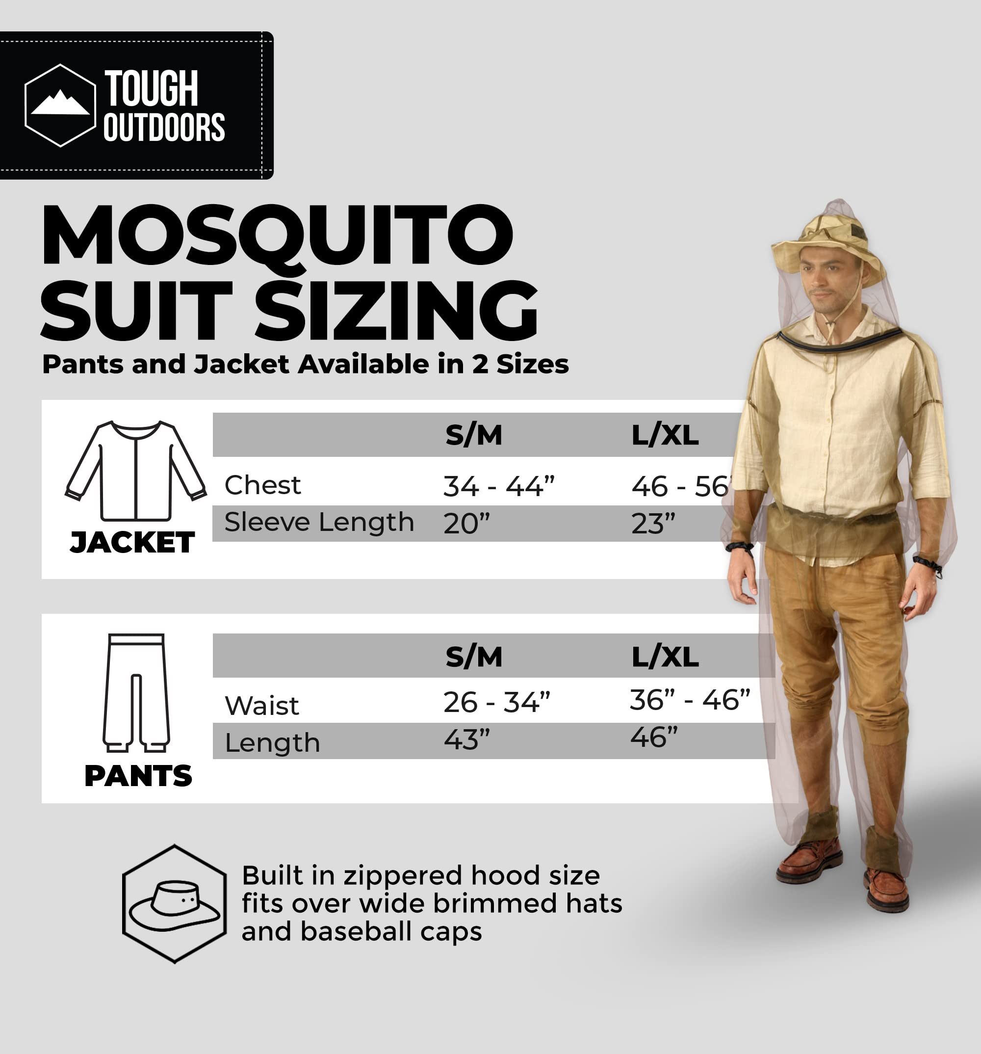 Tough Outdoors Mosquito Suit - Net Bug Pants & Jacket w/Hood - Mesh Bug Suit for Outdoor Protection from Bugs, Flies, Gnats, No-See-Ums & Midges - Clothing for Men & Women - w/Free Carry Pouch - Large