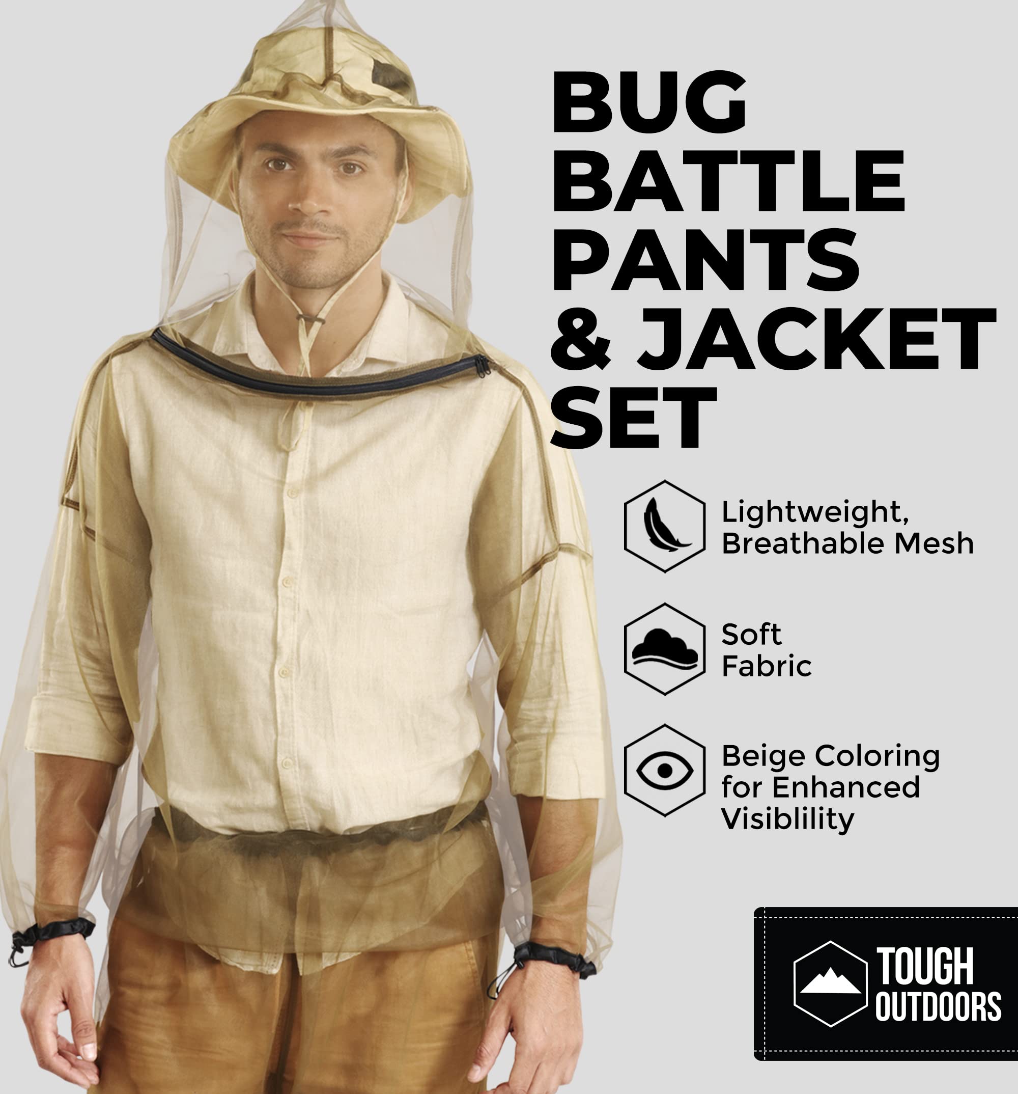 Tough Outdoors Mosquito Suit - Net Bug Pants & Jacket w/Hood - Mesh Bug Suit for Outdoor Protection from Bugs, Flies, Gnats, No-See-Ums & Midges - Clothing for Men & Women - w/Free Carry Pouch - Large