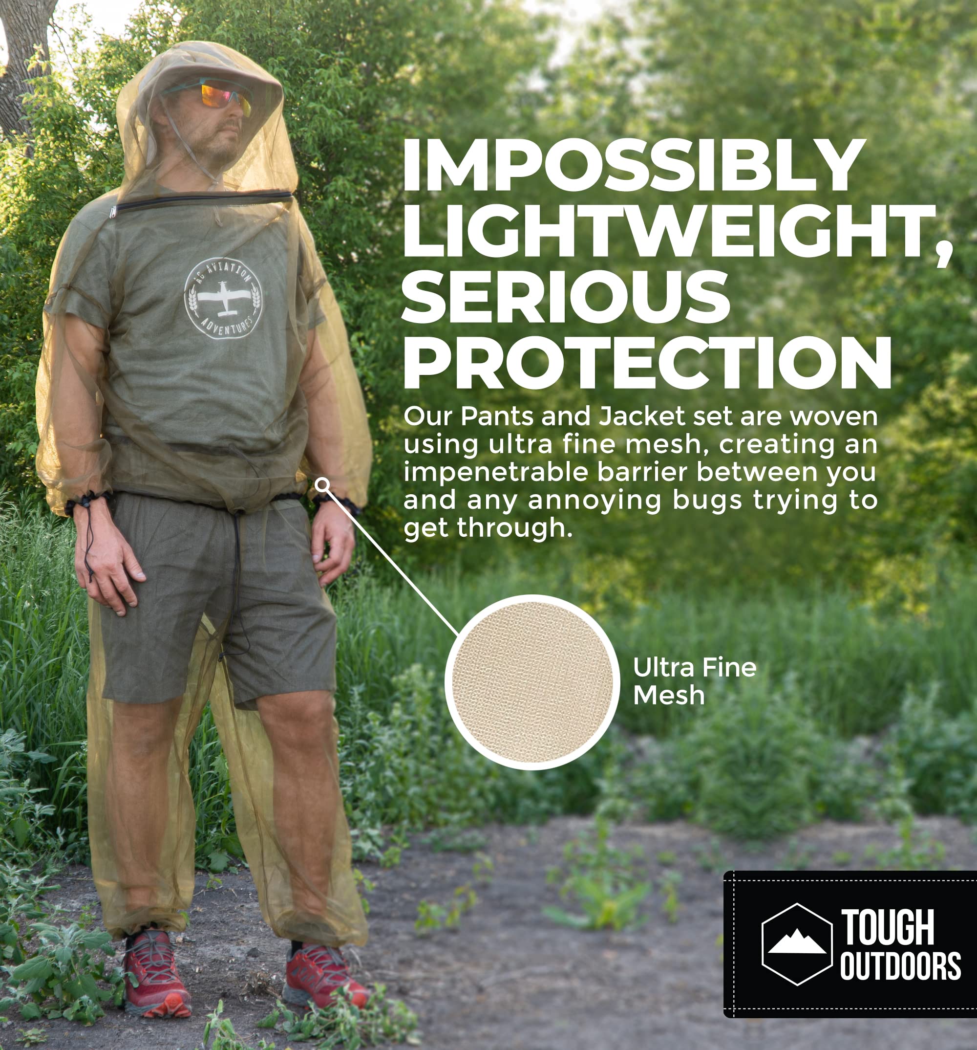 Tough Outdoors Mosquito Suit - Net Bug Pants & Jacket w/Hood - Mesh Bug Suit for Outdoor Protection from Bugs, Flies, Gnats, No-See-Ums & Midges - Clothing for Men & Women - w/Free Carry Pouch - Large