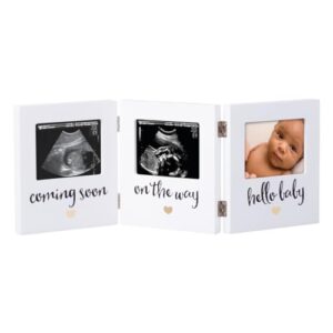 pearhead triple sonogram keepsake photo frame, gender neutral ultrasound keepsake, ideal pregnancy gift for first time moms, baby shower and nursery decor, 3.5”x2.5” photo insert, white