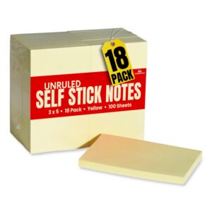 1intheoffice yellow sticky notes 3x5 unlined, self stick note pads,100-sheet, 18/pack