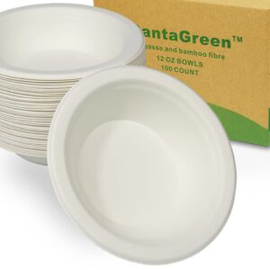 CantaGreen 12 OZ Compostable Bowls,100 Count Heavyduty Sugarcane/Bagasse and Bamboo Fibre Biodegradable Disposable Paper Bowls