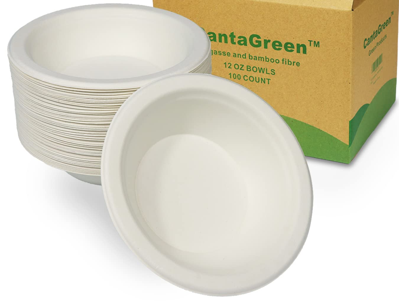 CantaGreen 12 OZ Compostable Bowls,100 Count Heavyduty Sugarcane/Bagasse and Bamboo Fibre Biodegradable Disposable Paper Bowls