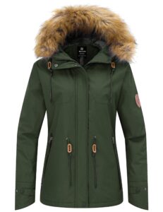 wantdo women's waterproof ski jacket wind block winter snow coat hooded sportswear army green l