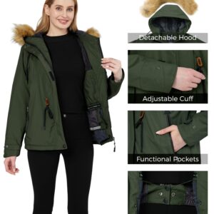 wantdo Women's Waterproof Ski Jacket Wind Block Winter Snow Coat Hooded Sportswear Army Green L