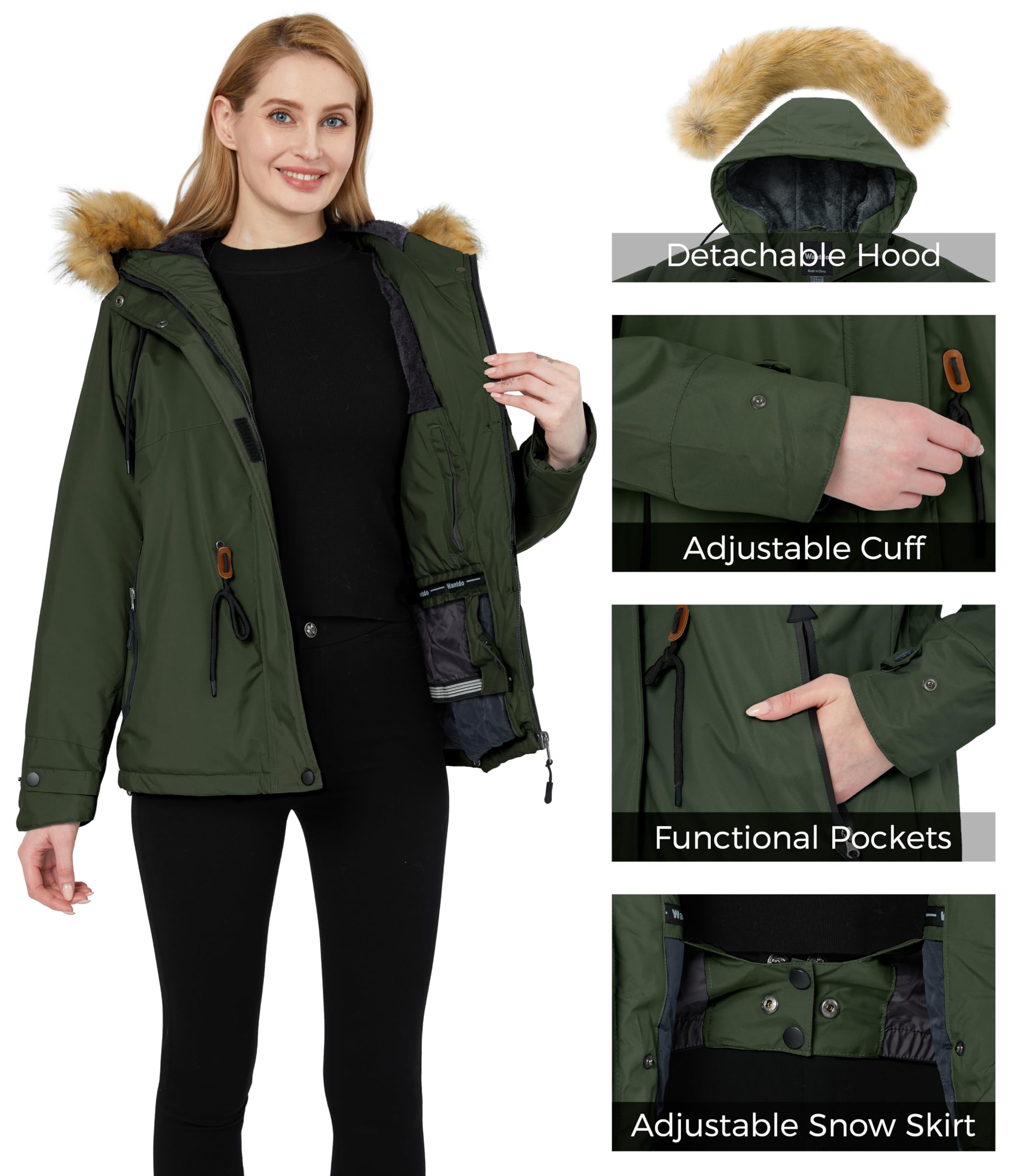 wantdo Women's Waterproof Ski Jacket Wind Block Winter Snow Coat Hooded Sportswear Army Green L