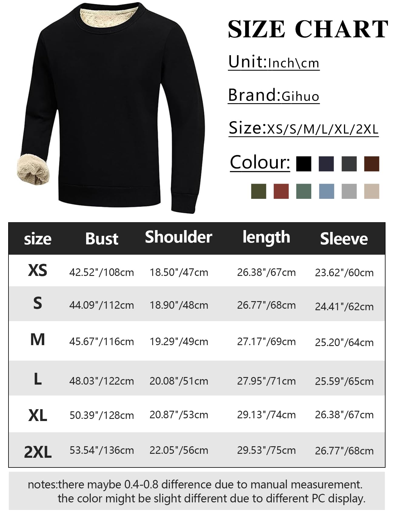 Gihuo Men's Warm Crewneck Sweatshirt Winter Sherpa Lined Fleece Sweatshirt Athletic Pullover Tops Loungewear (Black, XL)