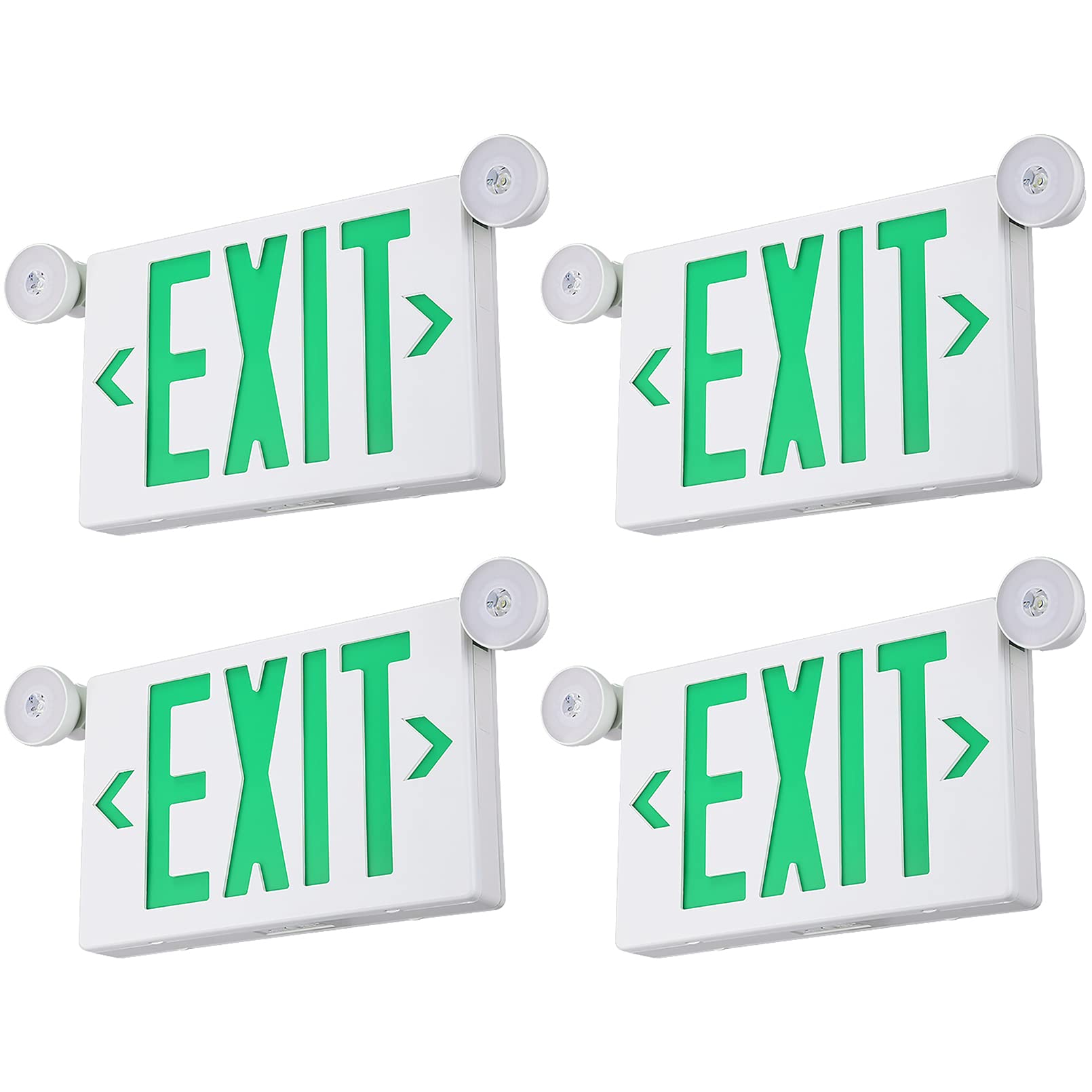 TORCHSTAR Green LED Exit Sign with Emergency Lights, UL 924, Emergency Exit Light with Battery Backup, Adjustable Heads, Fire Exit Sign with Lights, Double Face, AC 120/277V, Damp Location, Pack of 4