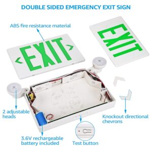 TORCHSTAR Green LED Exit Sign with Emergency Lights, UL 924, Emergency Exit Light with Battery Backup, Adjustable Heads, Fire Exit Sign with Lights, Double Face, AC 120/277V, Damp Location, Pack of 4